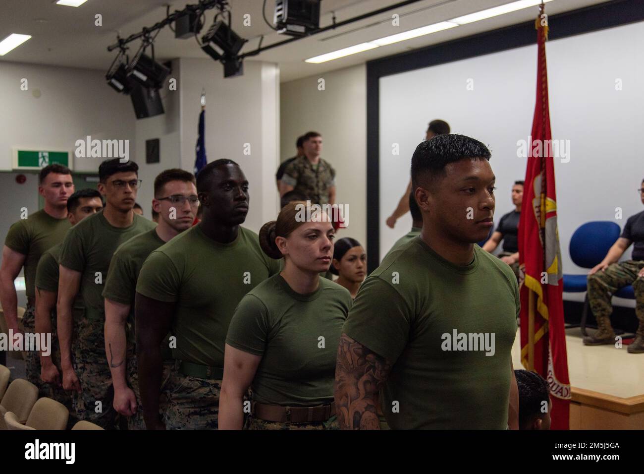 U.S. Marines with Marine Corps Air Station Iwakuni form up to receive ...