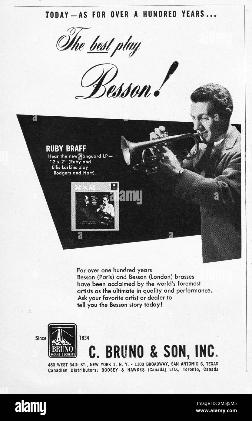 An advertisement for Besson trumpets featuring jazz star Ruby Braff as ...