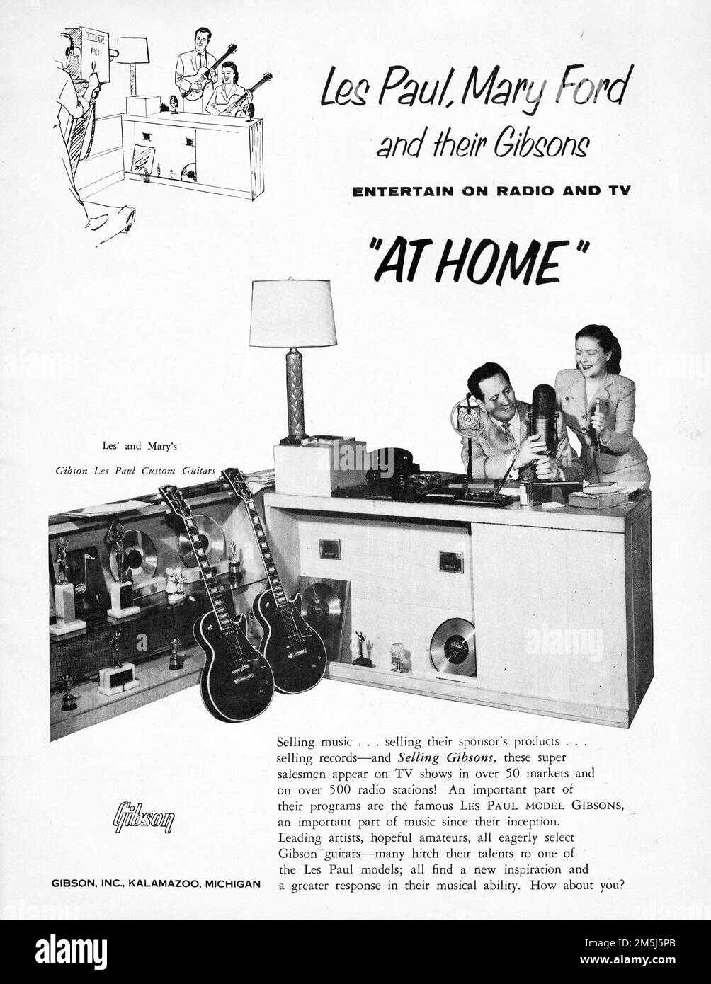 An advertisement for Gibson guitars featuring Les Paul & Mary Ford ...