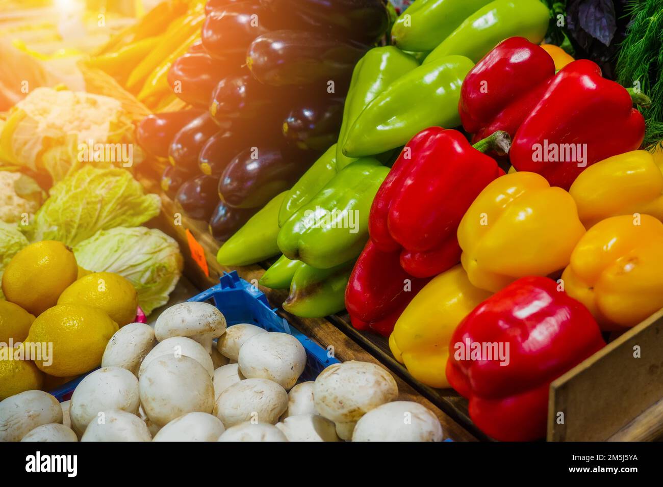 Fresh vegetables are in tray at grocery market. Beautiful layout of ...