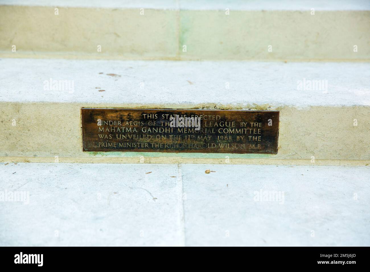 A plaque related to a Mahatma Gandhi statue is seen in Tavistock Square ...