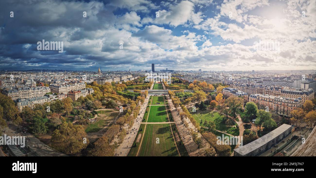 Panoramic view to the Paris cityscape from the Eiffel tower heights ...