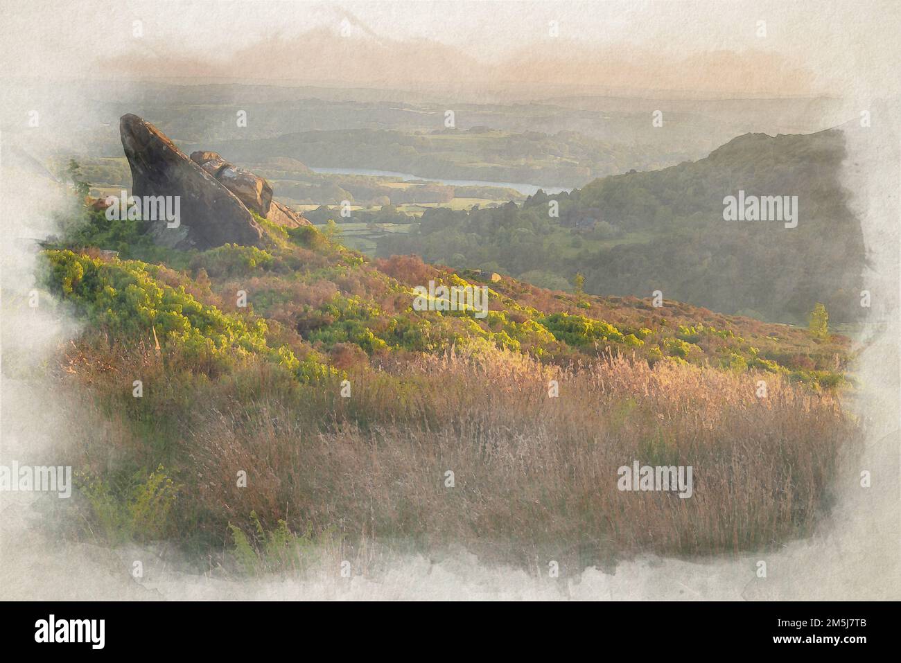 Sunset digital watercolor painting of the heather and rocks at Ramshaw ...
