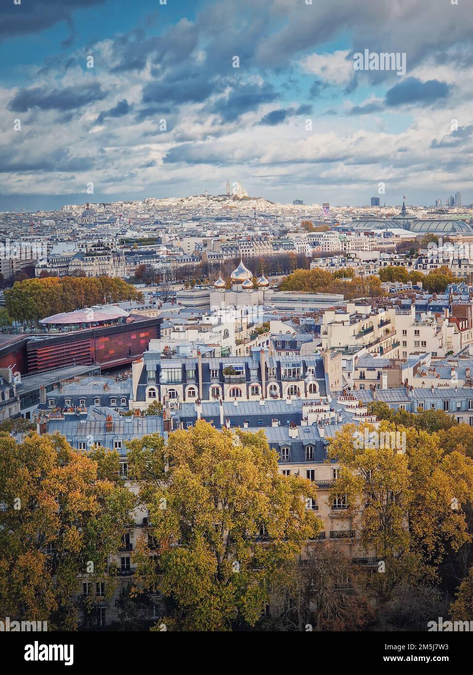 Aerial view over the Paris city to the Sacre Coeur de Montmartre ...