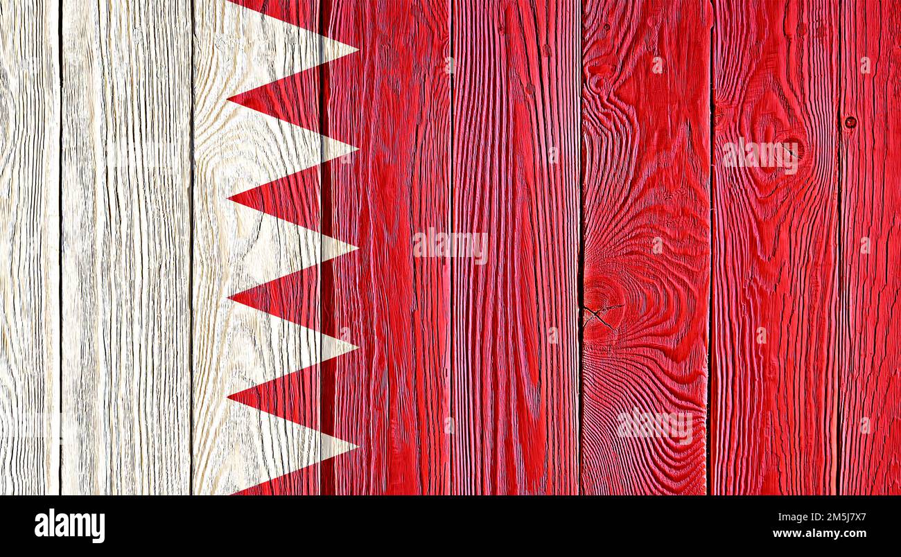 Bahrain flag painted on old wood plank background. Brushed natural ...