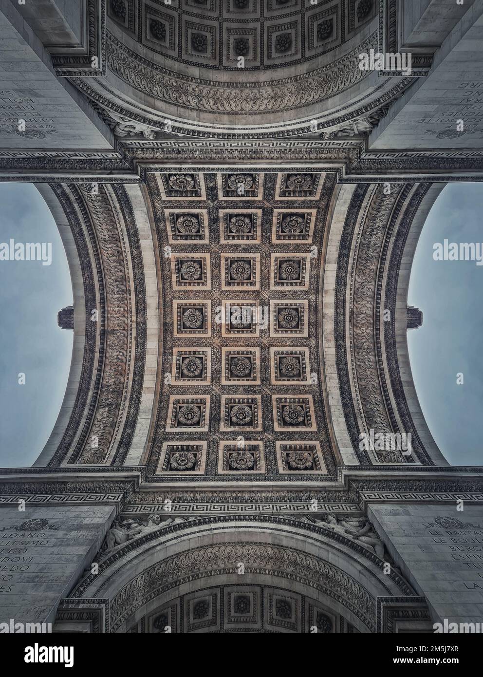 Closeup view underneath triumphal Arch, in Paris, France. Architectural ...