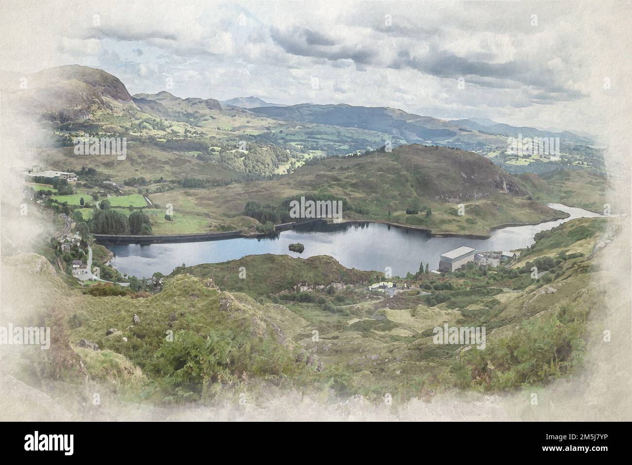 Panoramic digital watercolor painting of Tanygrisiau reservoir and the ...