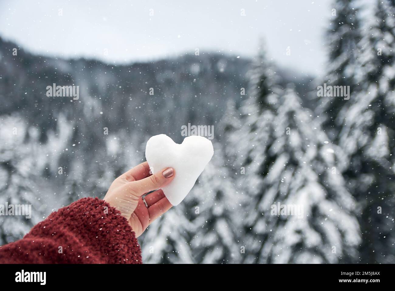 A woman's hand holding a snowball shaped like a heart with light snow ...