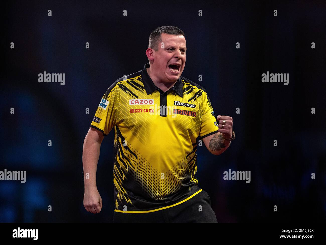 Dave Chisnall reacting during day twelve of the Cazoo World Darts ...
