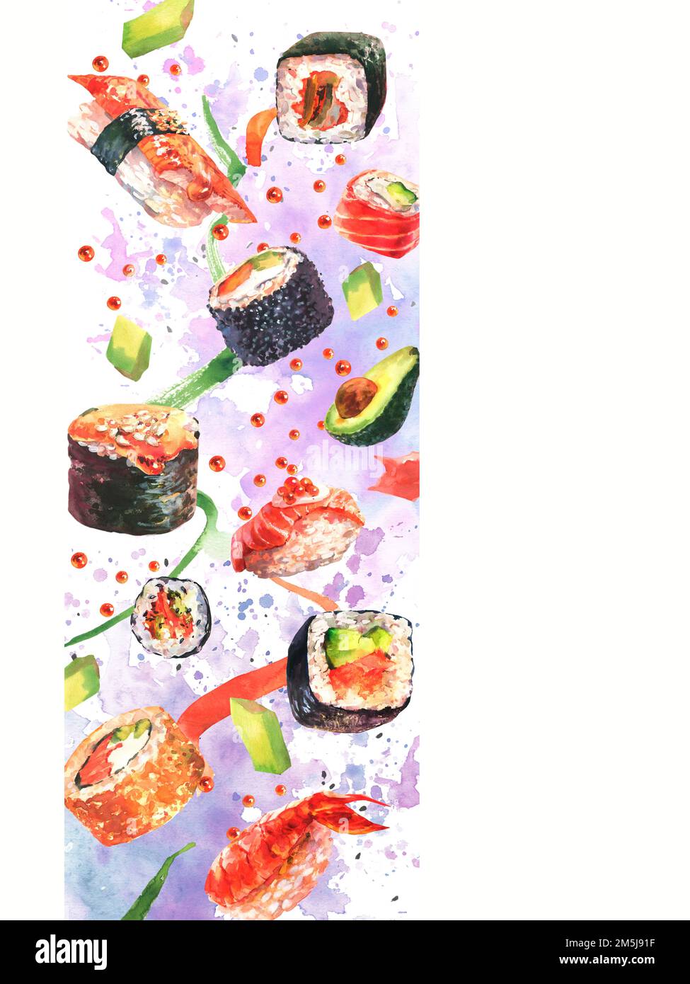 Watercolor pattern with sushi. Food abstract background, vertical ...