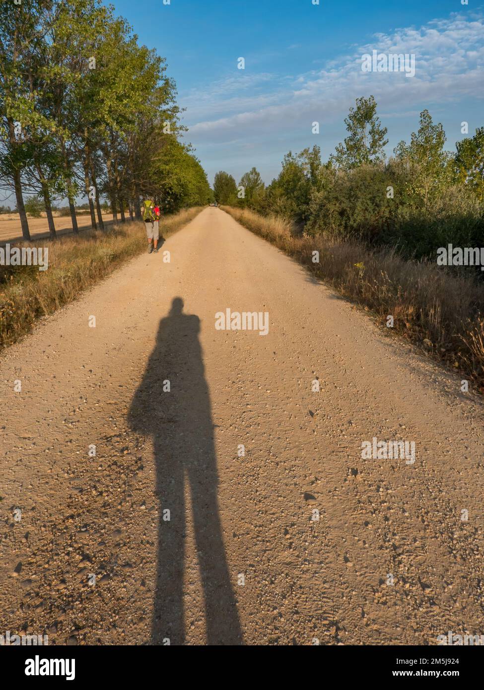 Shadow of a pilgrim on a dusty route on the Way of St.James Stock Photo ...