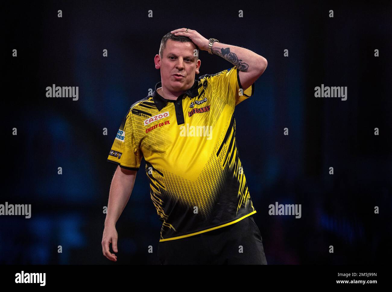 Dave Chisnall reacting during day twelve of the Cazoo World Darts ...