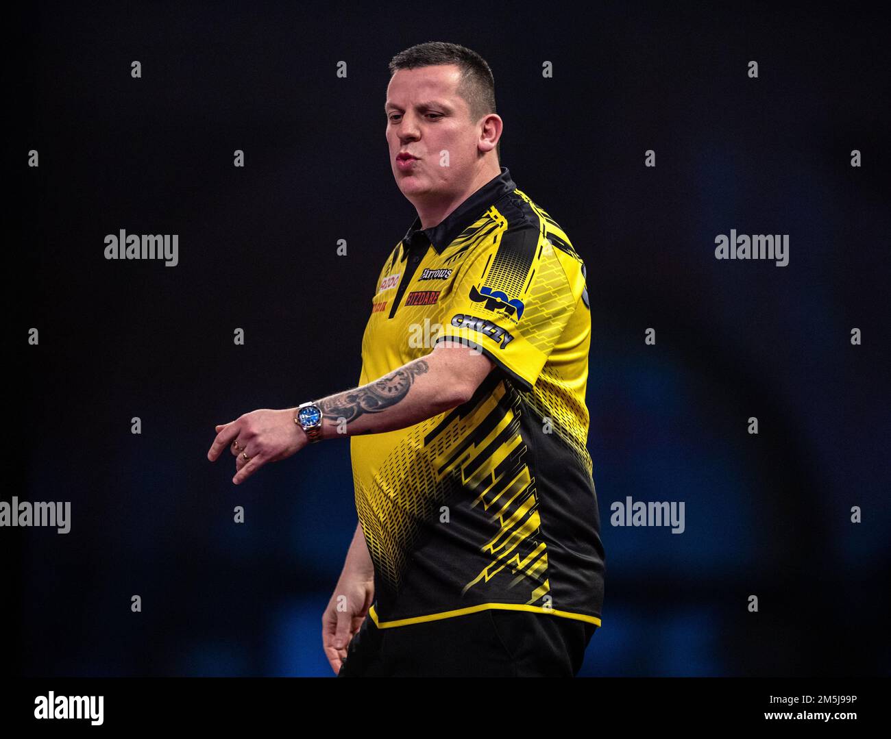 Dave Chisnall reacting during day twelve of the Cazoo World Darts ...