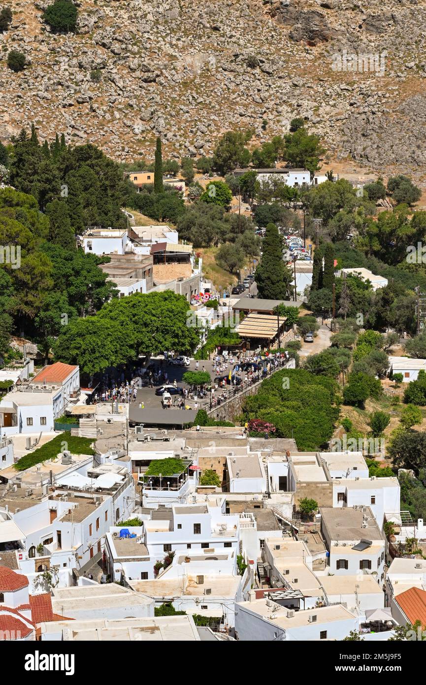 Lindos, Rhodes, Greece - May 2022: Aerial view of the town square in ...