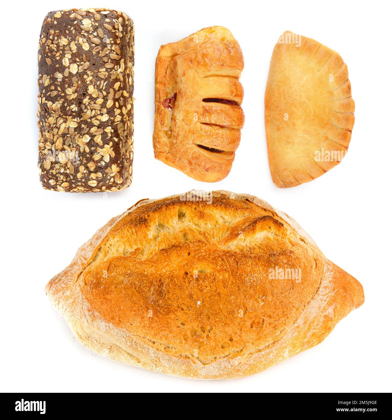 Bread and sweet pastry isolated on white background. View from above ...