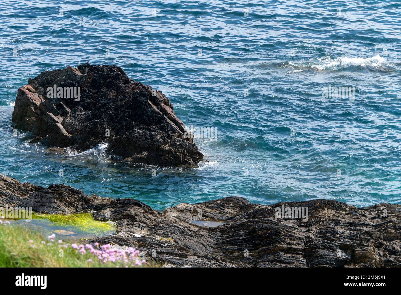 A stone, sea waves. Seaside landscape. Coastal cliffs of the Atlantic ...