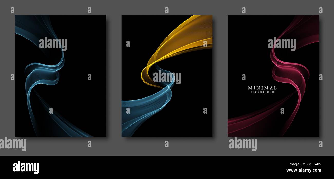 Set of modern abstract covers. Multicolored wave flow on a black ...