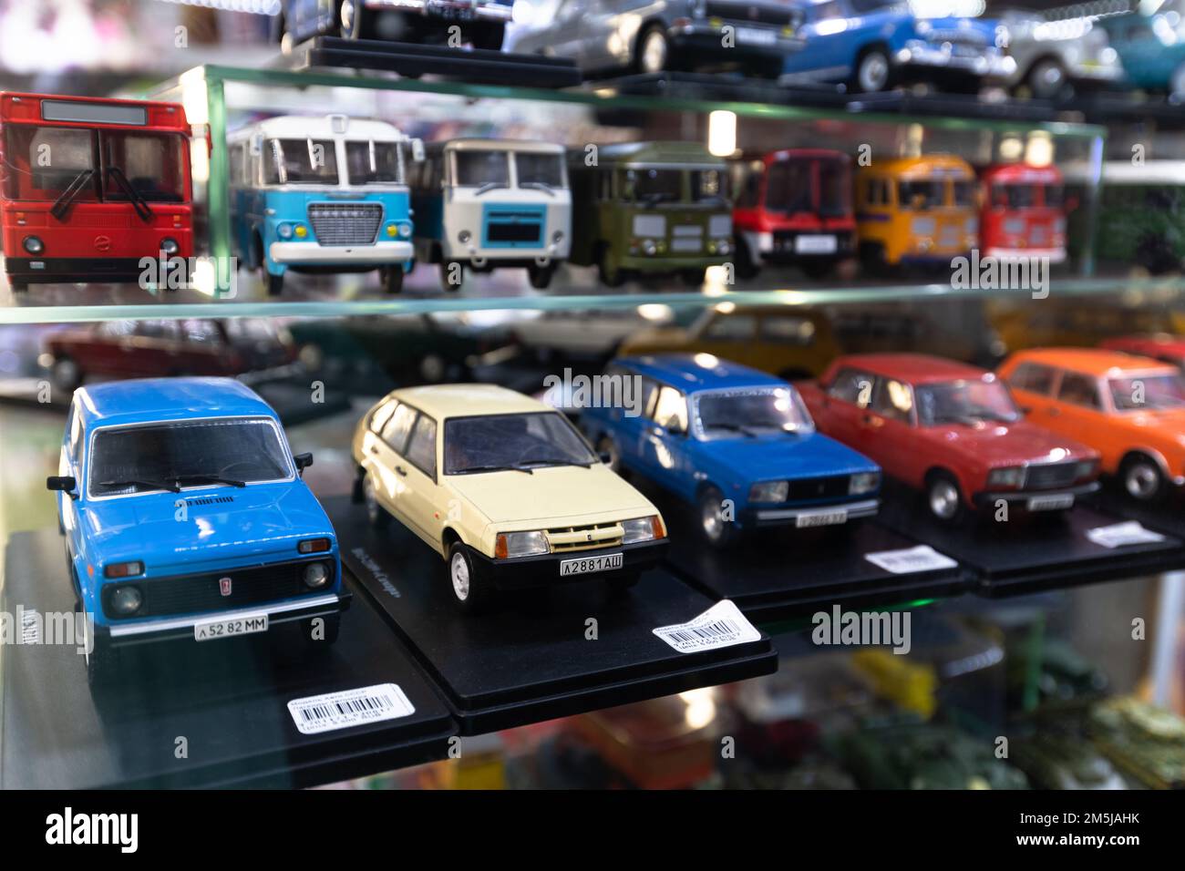 Moscow, Russia - Feb 20. 2021. Metal miniature models of Russian cars ...