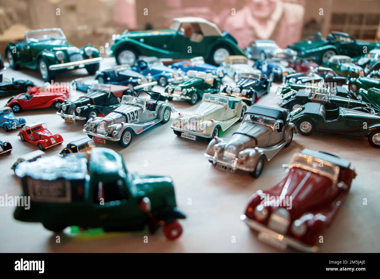 top view of model die cast toy cars in display case at the morgan car ...