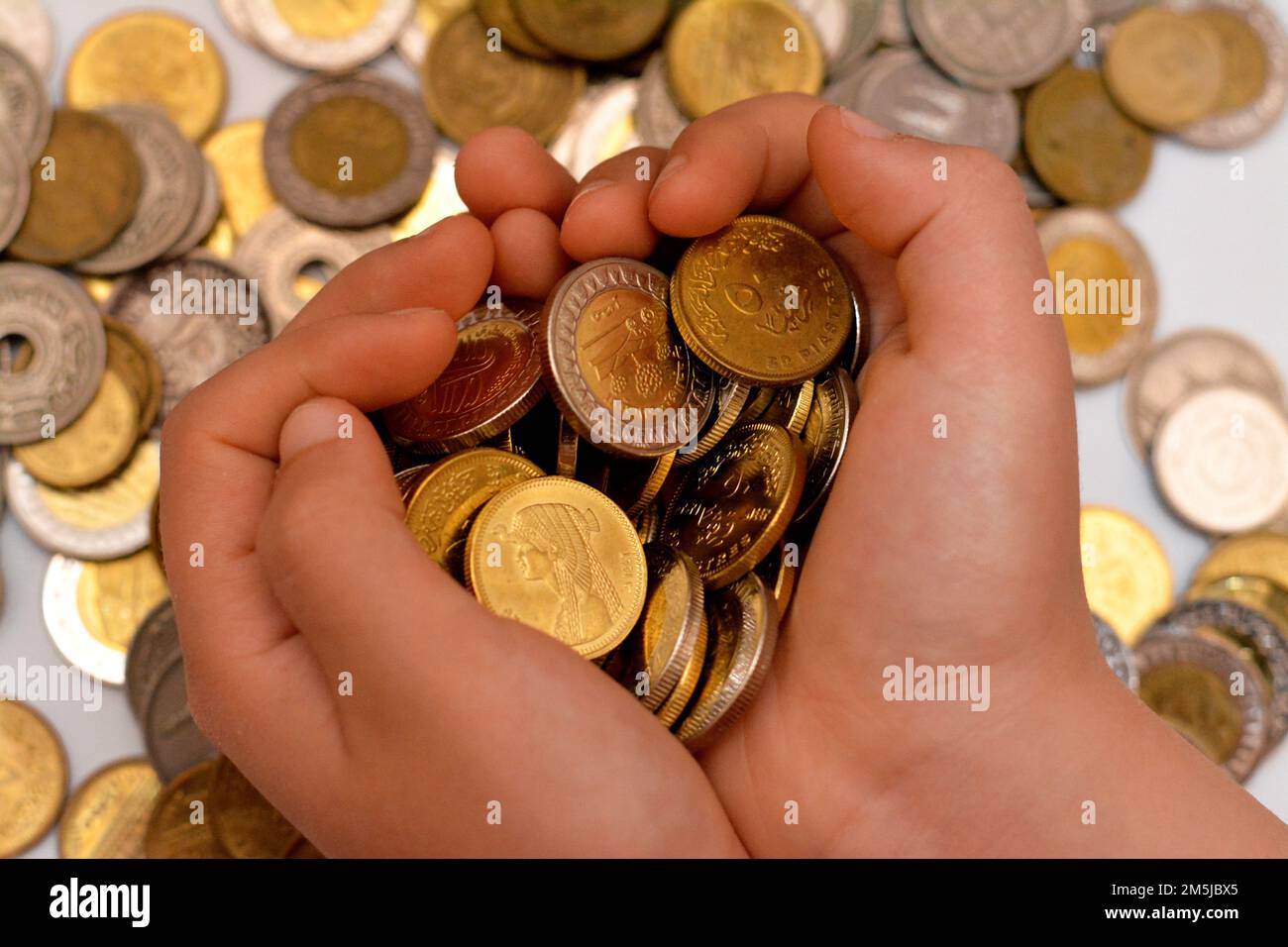 A pile of coins in the hand of a child, stack of Egyptian money coins ...