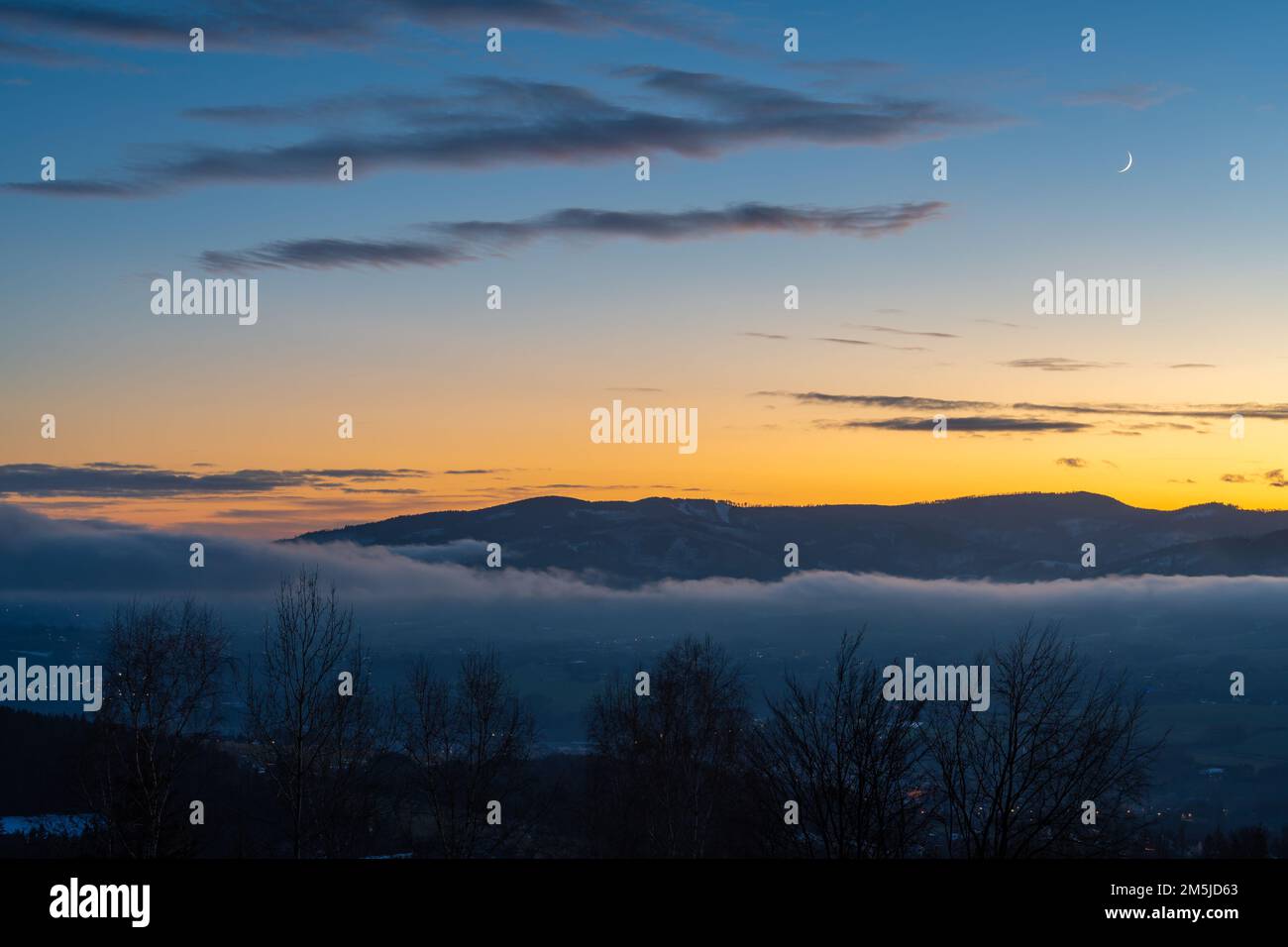 Winter sunset in Moravian-Silesian Beskids in Czech Republic nearby ...