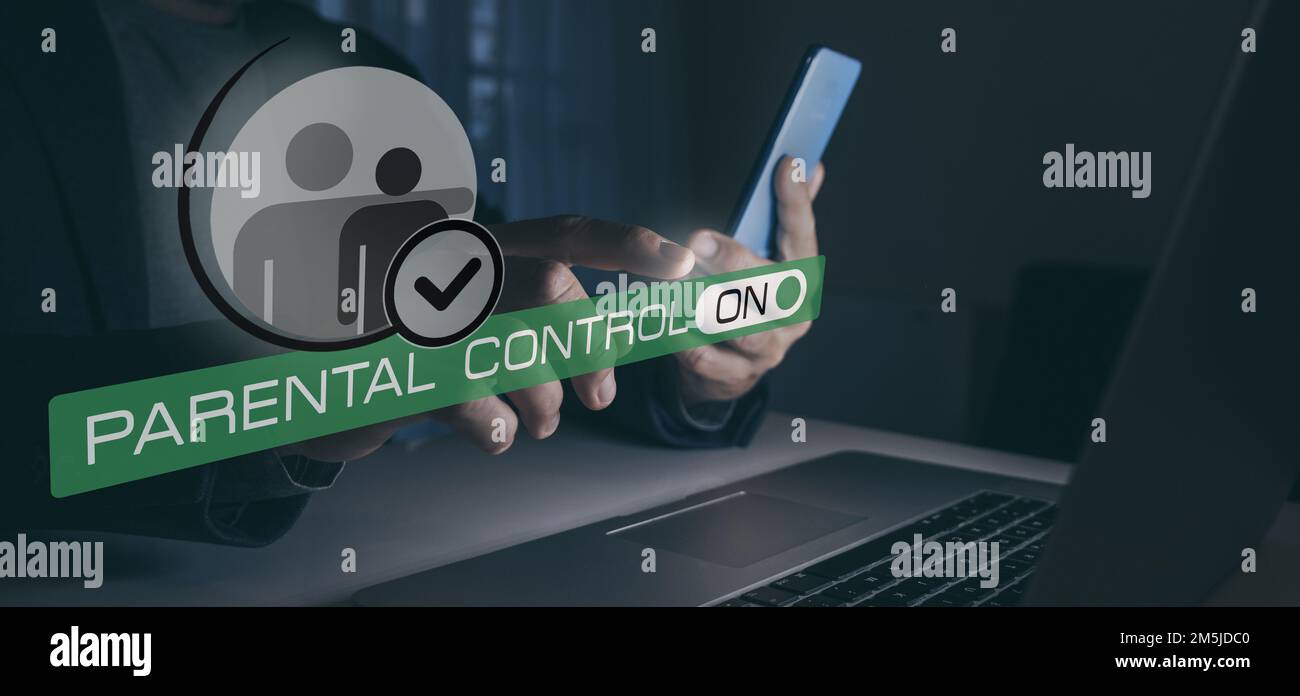 Parental control, child protection concept. Mum setting online content ...