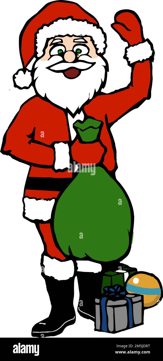 cartoon skinny santa claus waving with green bag Stock Vector Image ...