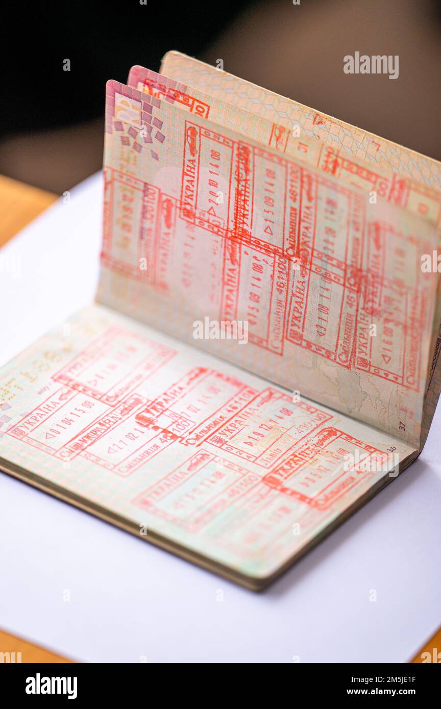 Close-up of a passport with Ukrainian border stamps Stock Photo - Alamy