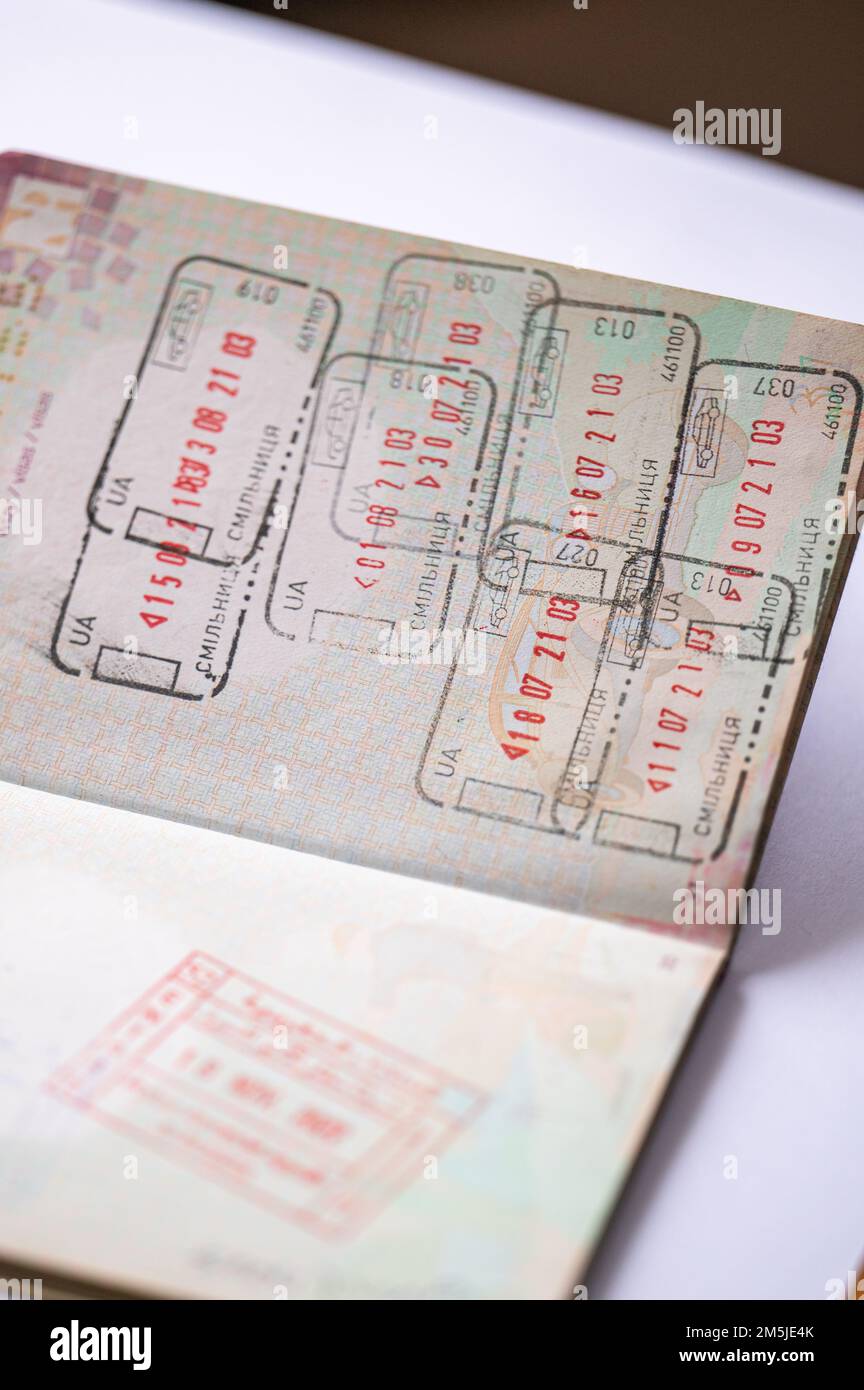 Close-up of a passport with Ukrainian border stamps Stock Photo - Alamy