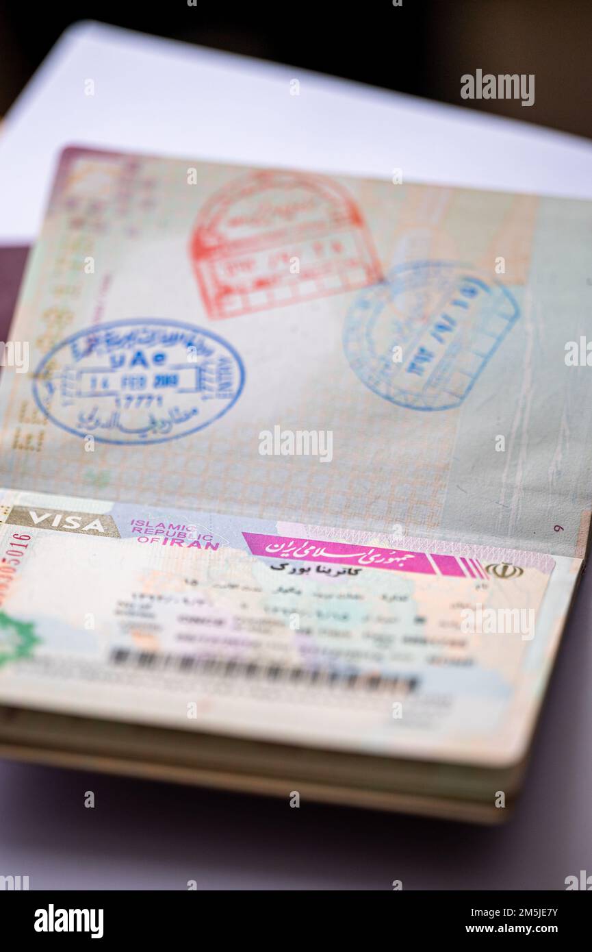 Close-up of a passport with an Iranian visa Stock Photo - Alamy