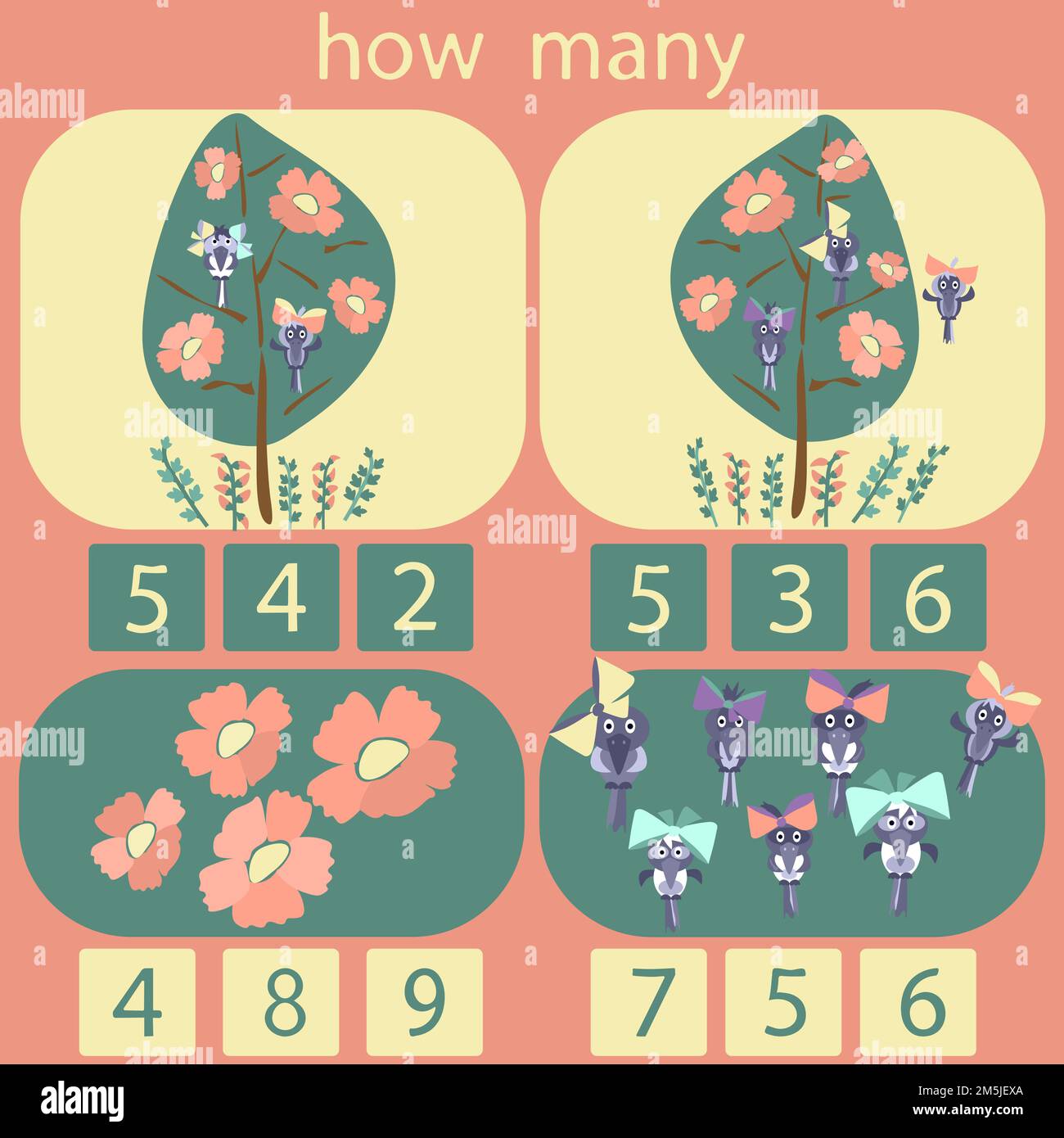 count how many flowers and how many birds are in the picture-a puzzle ...