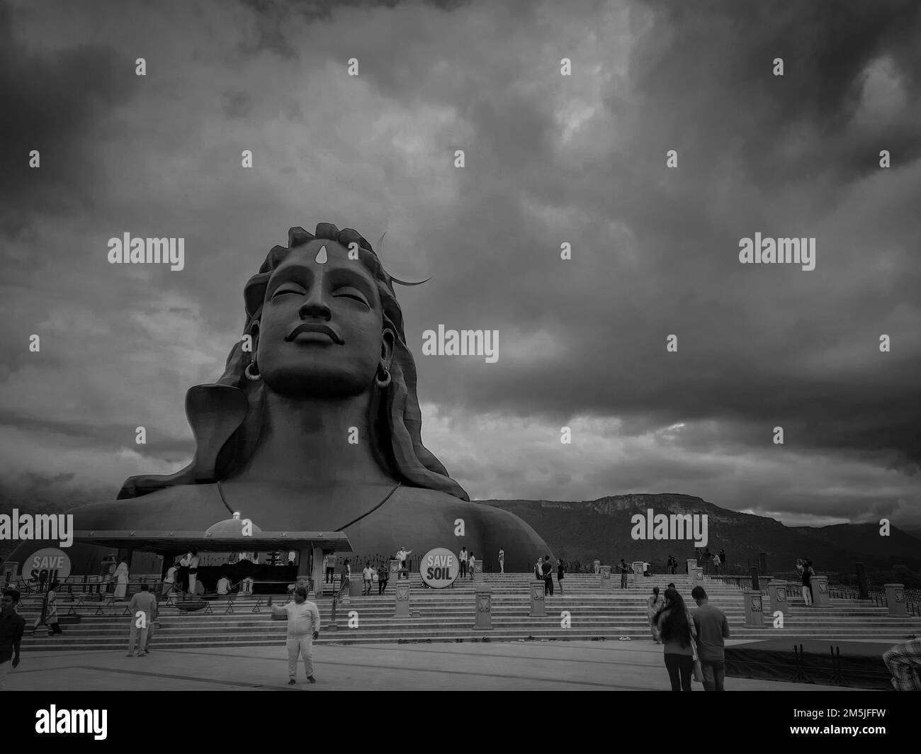 A black and white shot of the Adiyogi Shiva statue in Isha yoga center ...