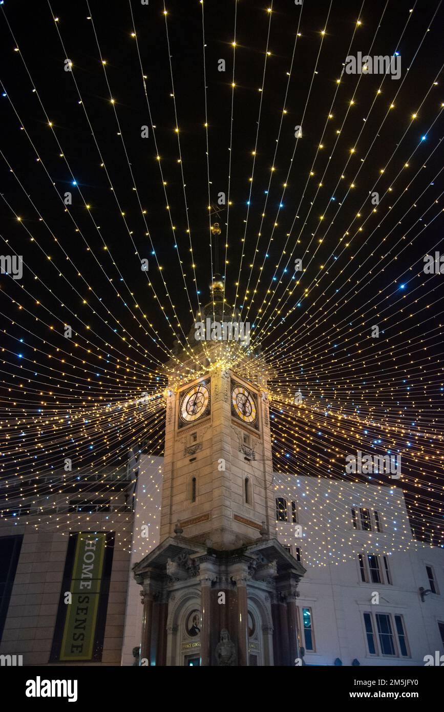 Festive Decorations on Brighton's Clock Tower Stock Photo - Alamy