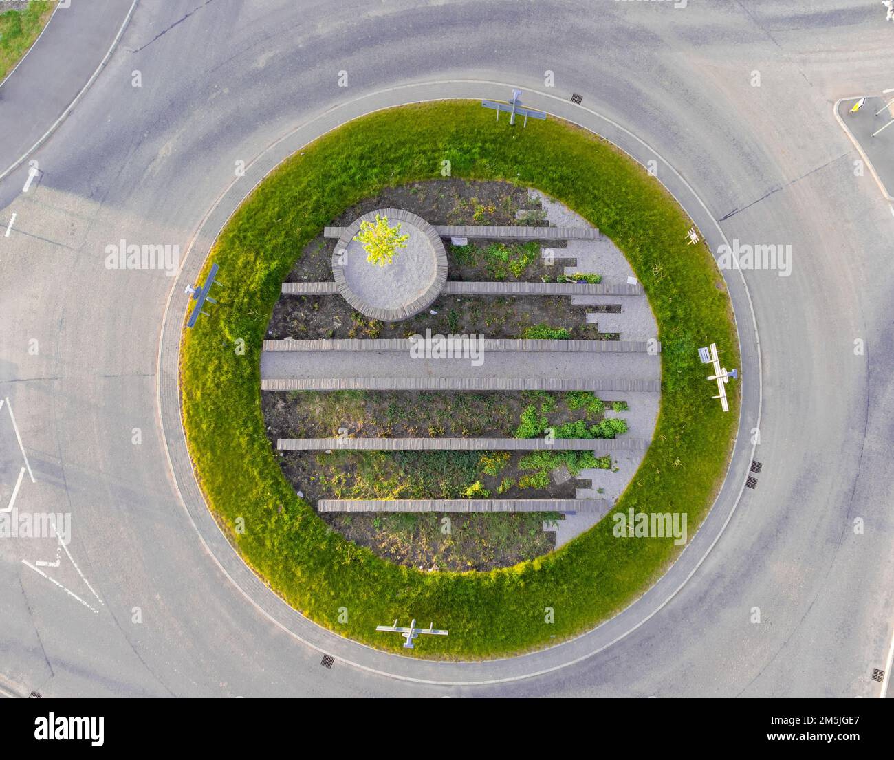 An aerial top view of Death Star traffic roundabout Bardon, England ...
