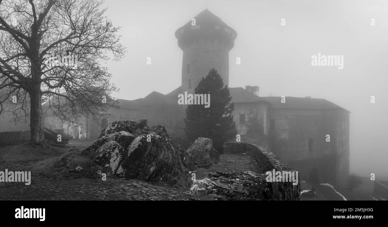 The Castle of Sovinec in North Moravia, Czech Republic on a misty ...