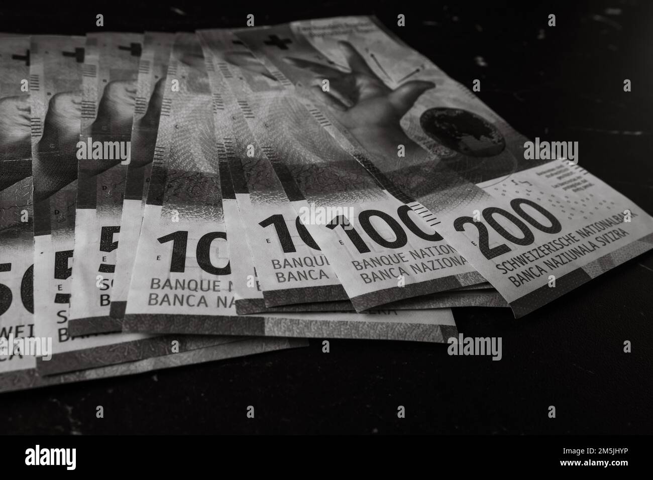 Swiss franc banknote. CHF currency in black and white Stock Photo - Alamy