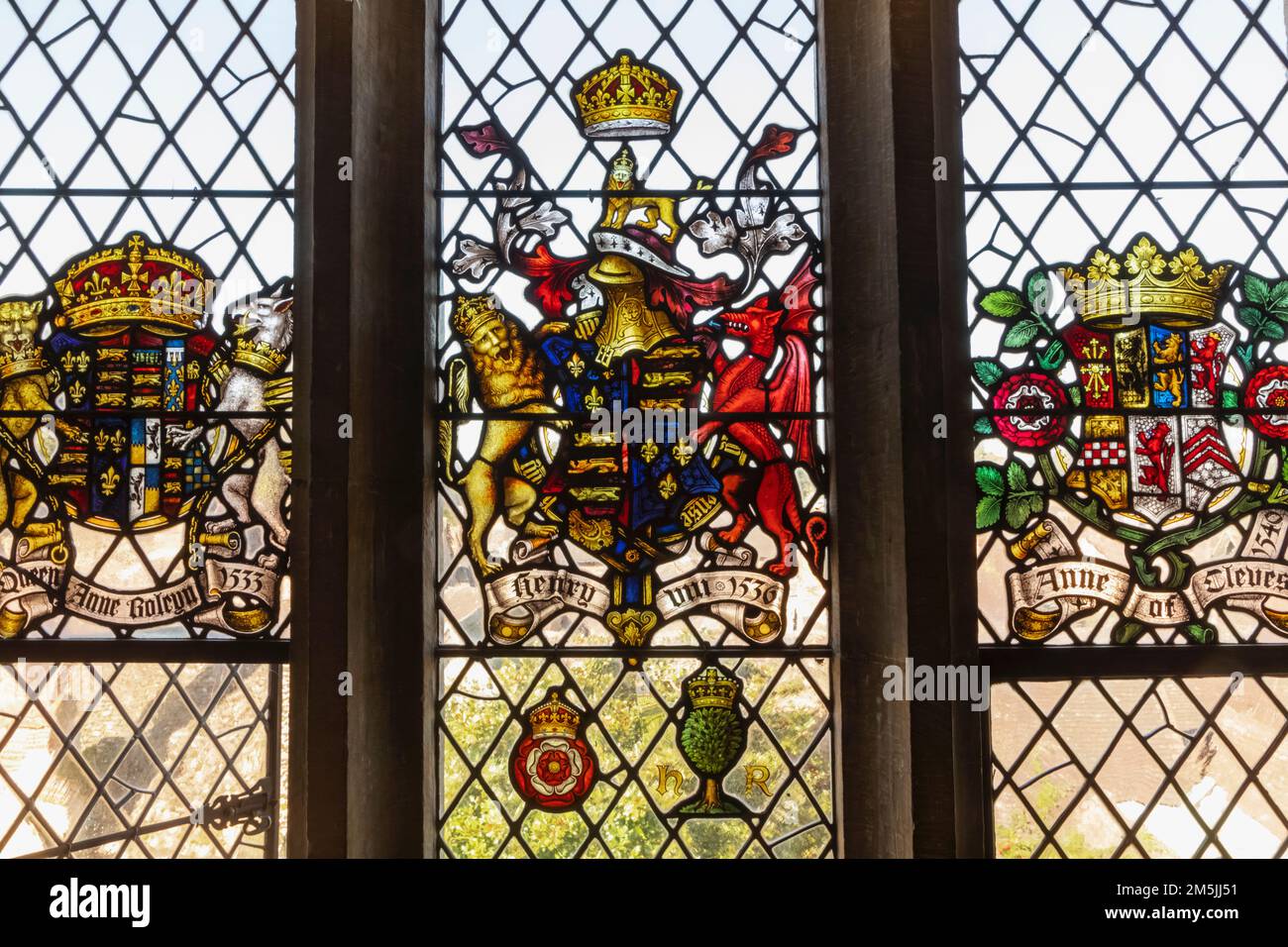 England, Kent, Hever, Hever Castle, Stained Glass Window depicting the ...
