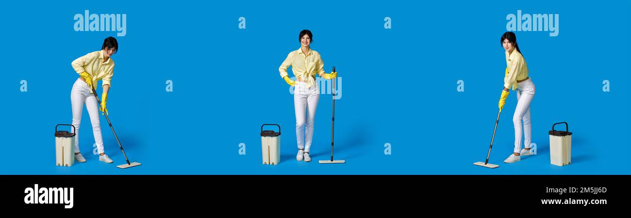 Woman In Rubber Gloves And Cleaner Apron With Cleaning Supplies Stock