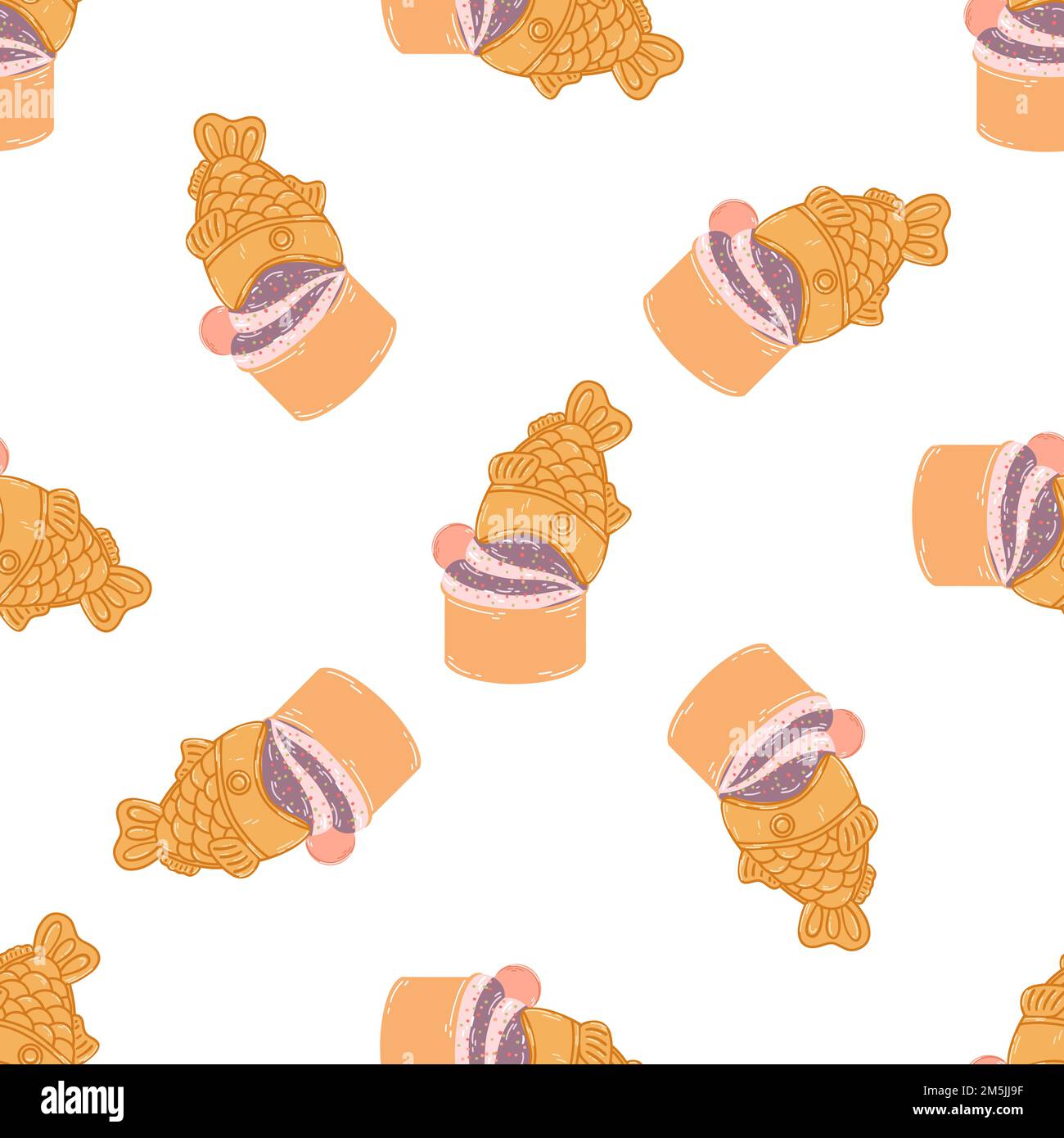 Seamless pattern with taiyaki fish-shaped ice cream cone in cartoon ...
