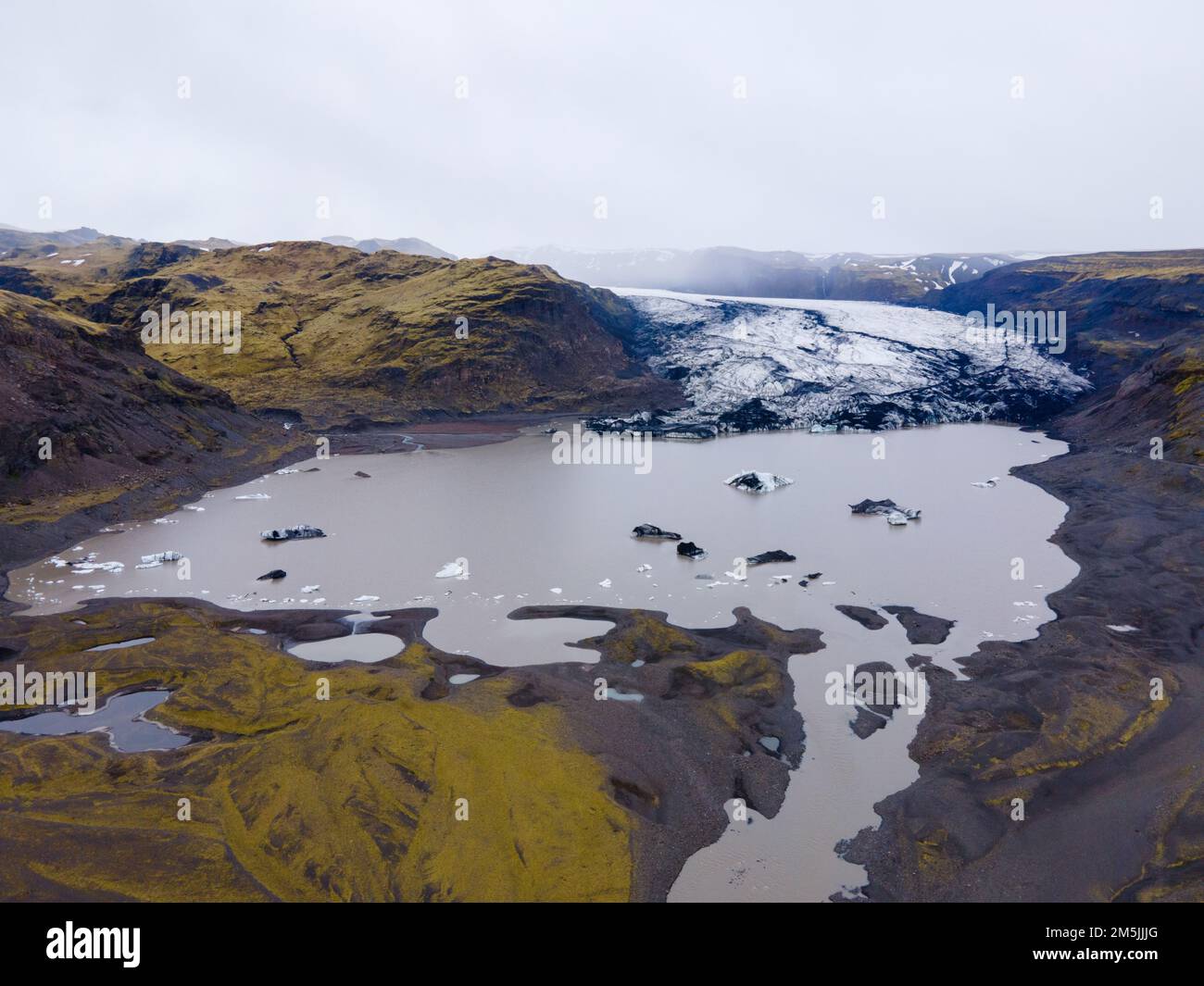 An aerial drone view of a huge riverbed and delta, glacial river system ...
