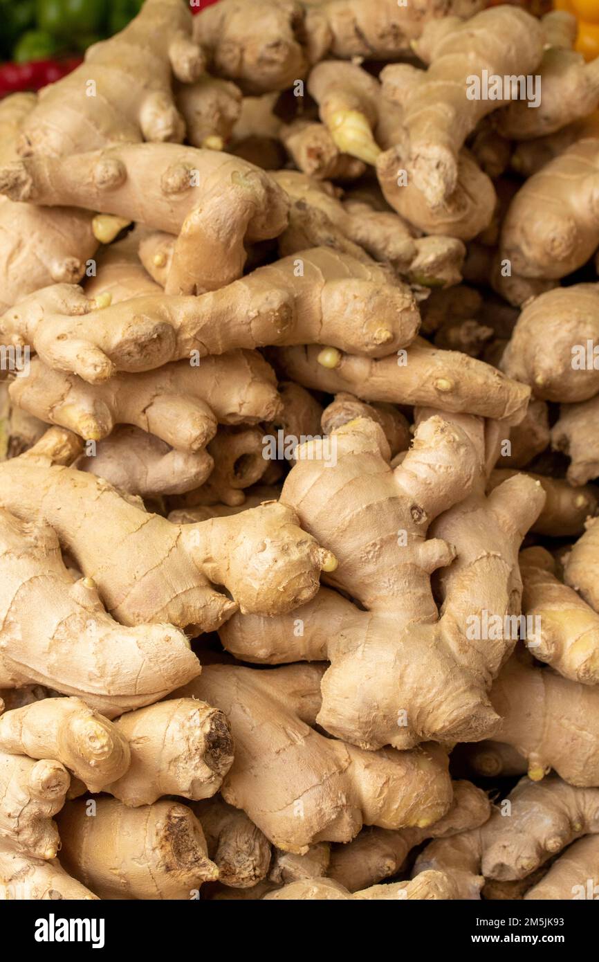Root Ginger, ginger, Zingiber officinale. Close up food ingredient ...