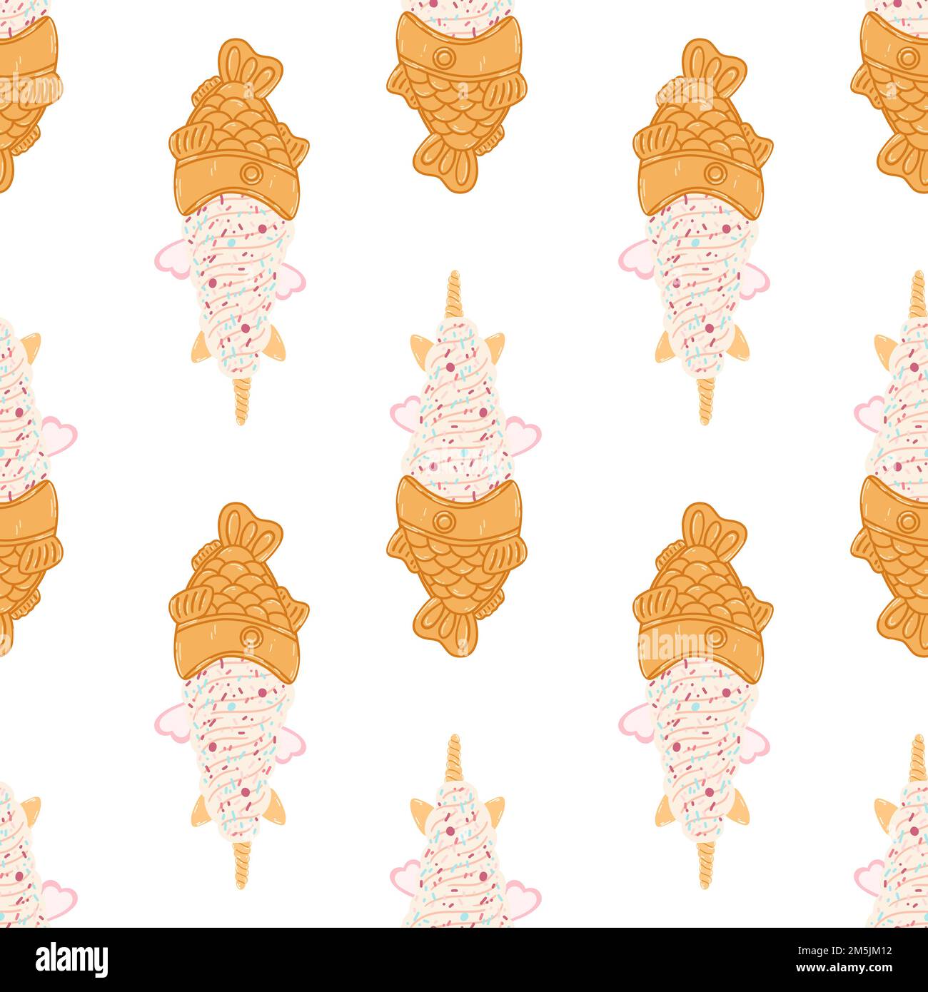 Seamless pattern with taiyaki fish-shaped ice cream cone in cartoon ...