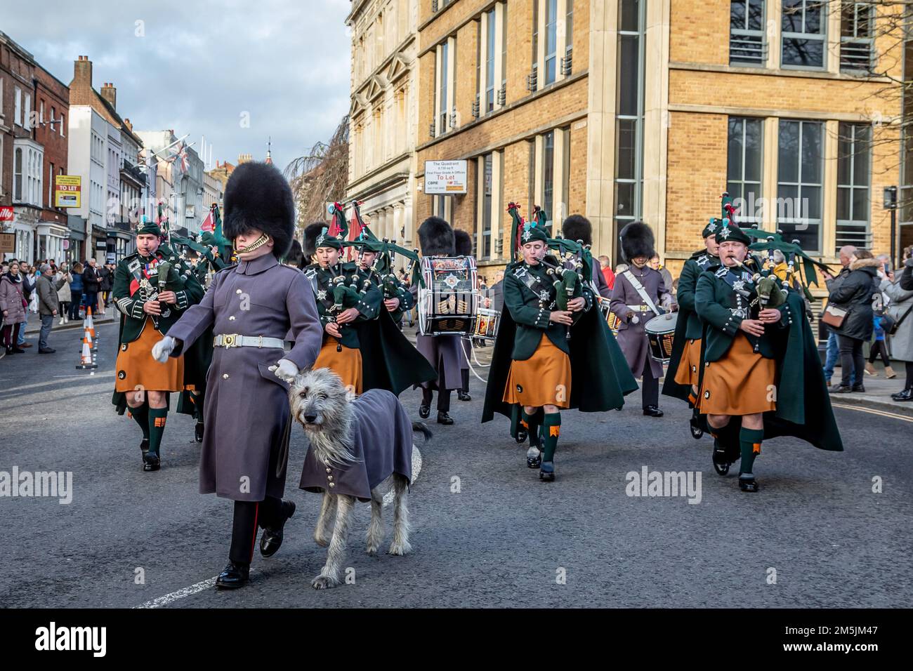 Irish Guards Pipers and Irish Wolfhound Mascot 'Seamus', Windsor ...
