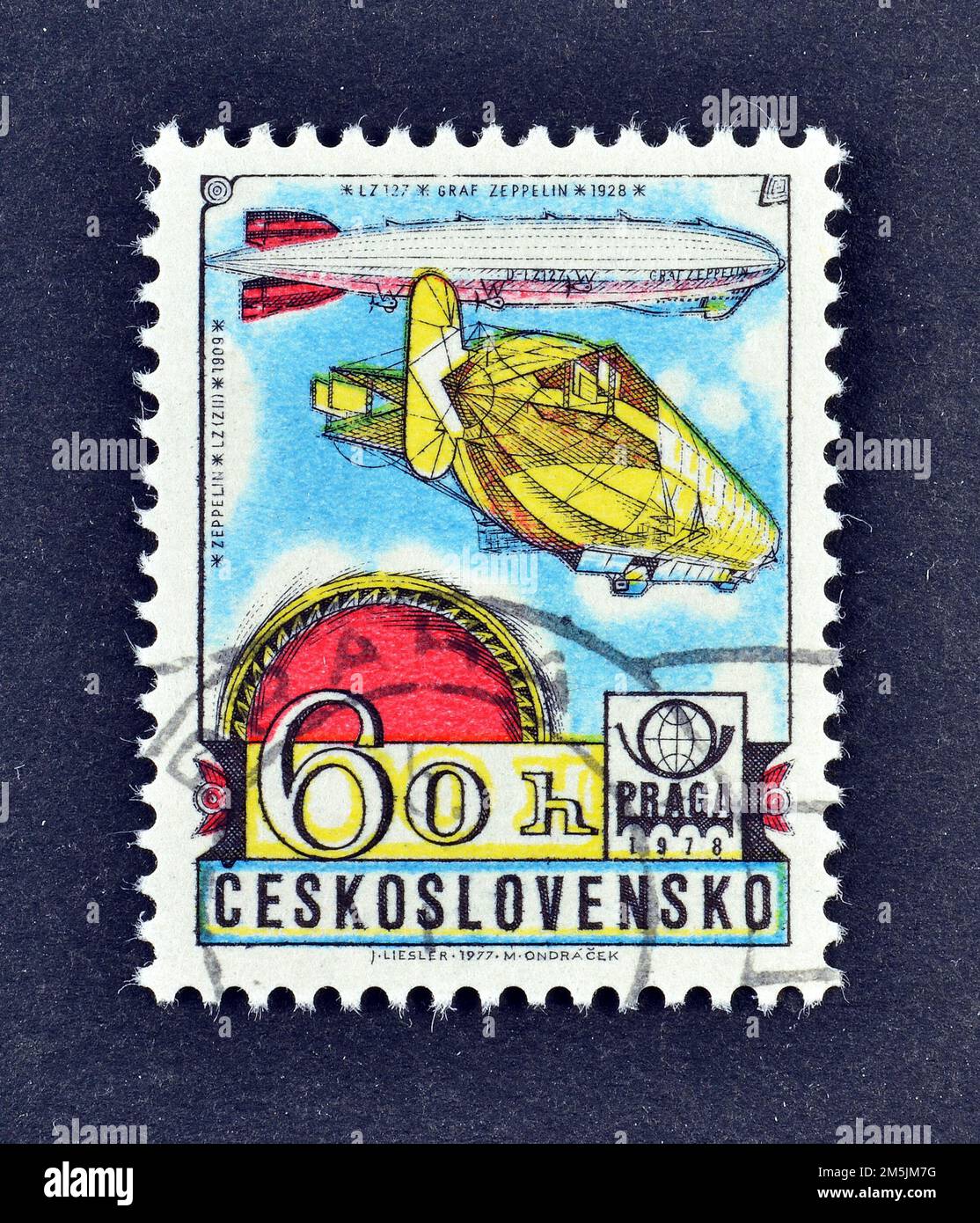 Cancelled postage stamp printed by Czechoslovakia, that shows LZ-5 and ...