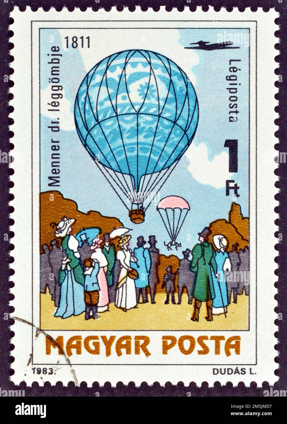 Cancelled postage stamp printed by Hungary, that shows Hot air balloon ...