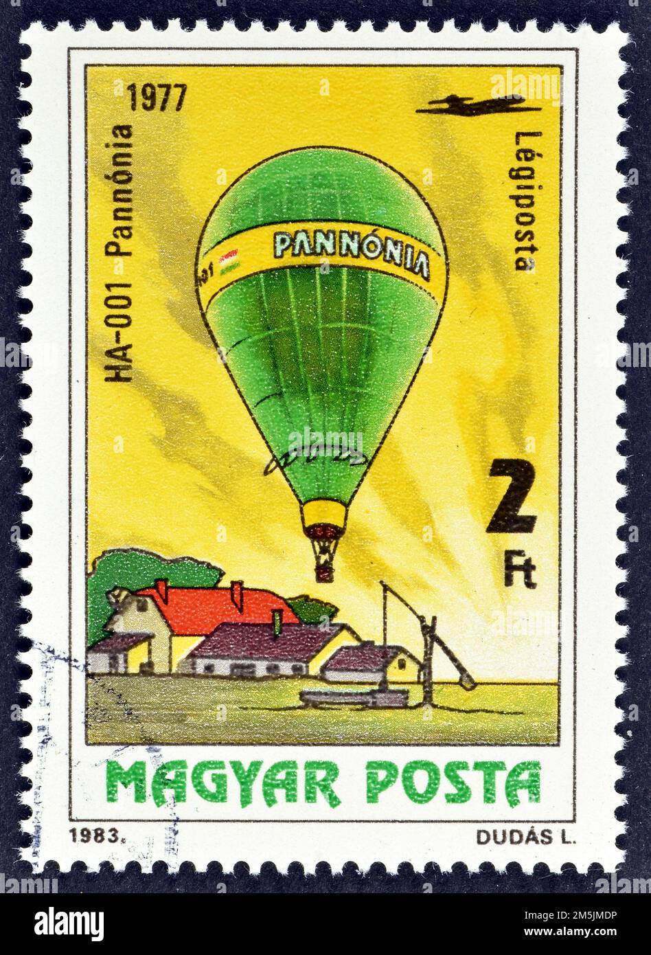 Cancelled postage stamp printed by Hungary, that shows Hot air balloon ...