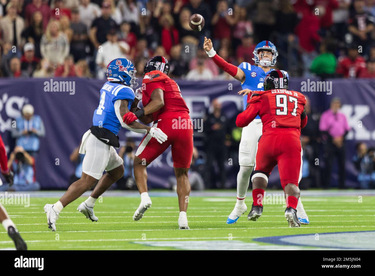 Ole Miss Rebels quarterback Jaxson Dart (2) gets the pass off before ...