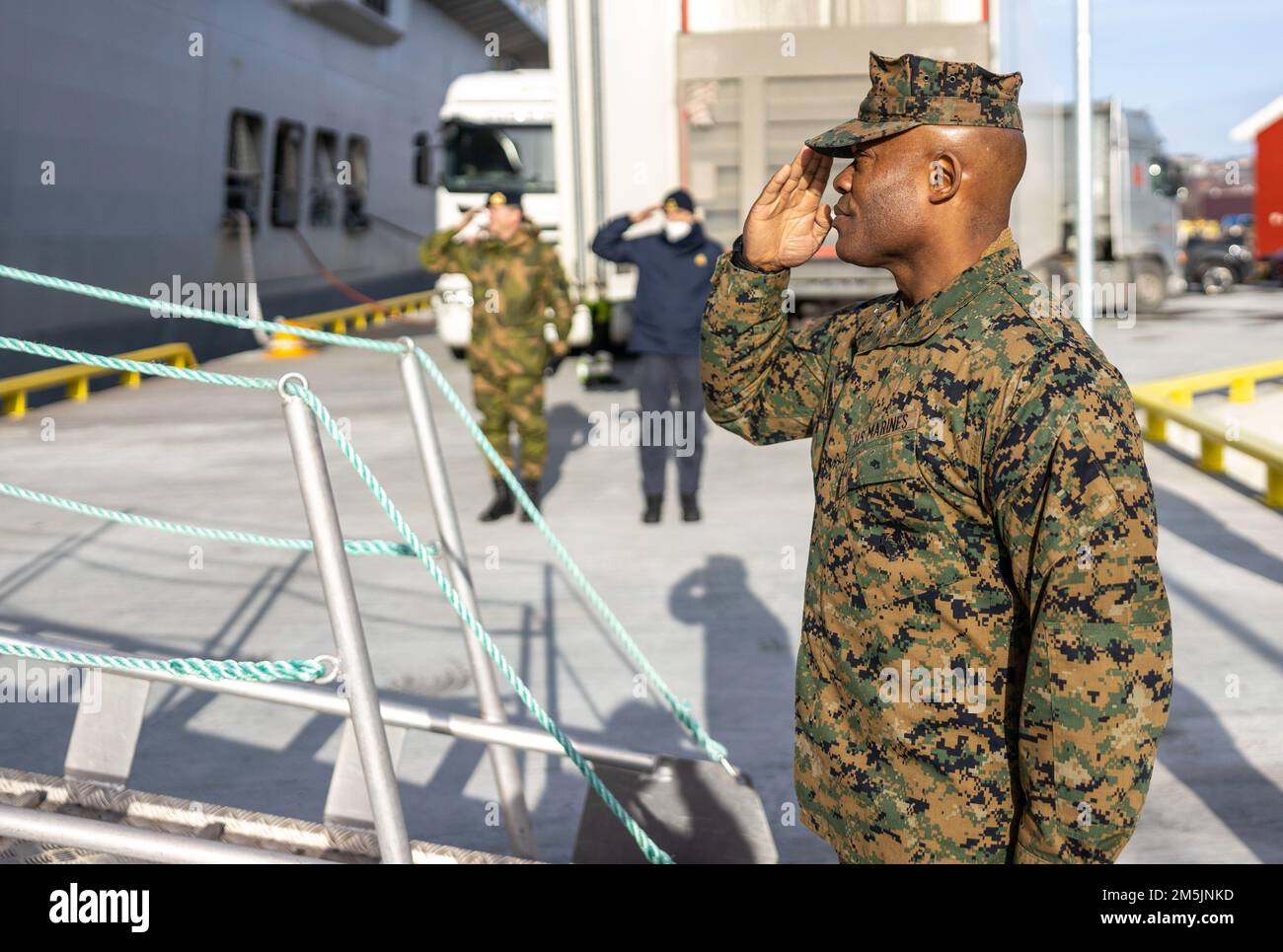 U.S. Marine Corps Brig. Gen. Anthony Henderson renders honors to the ...