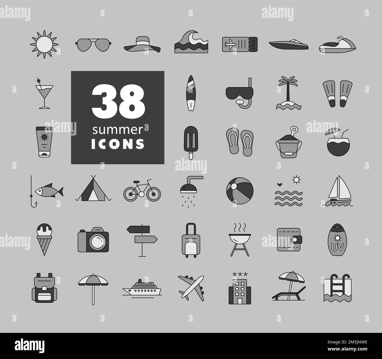 Summer vector grayscale icons set. Summertime sign. Graph symbol for ...