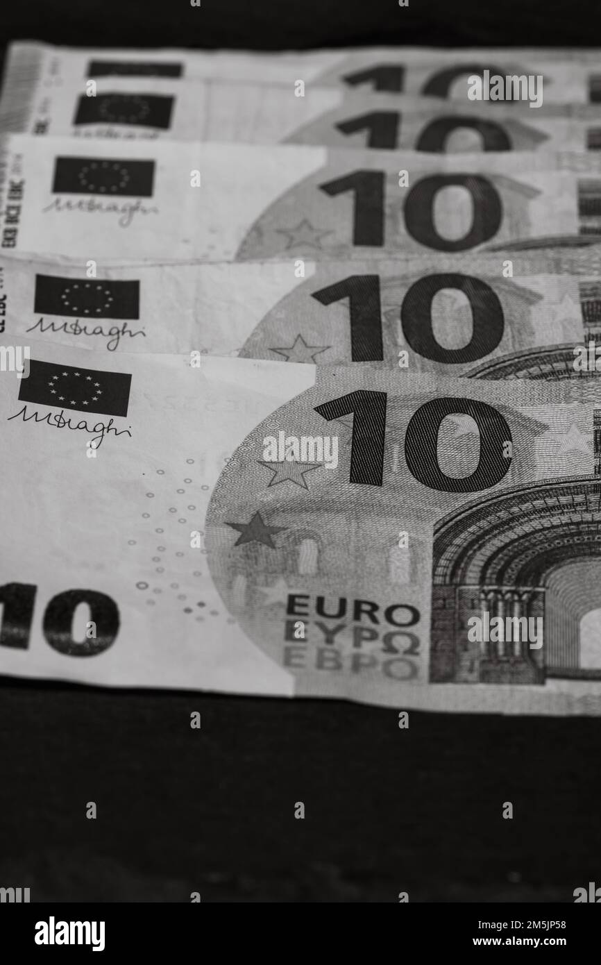 Selective focus on detail of euro banknotes. Close up macro detail of ...